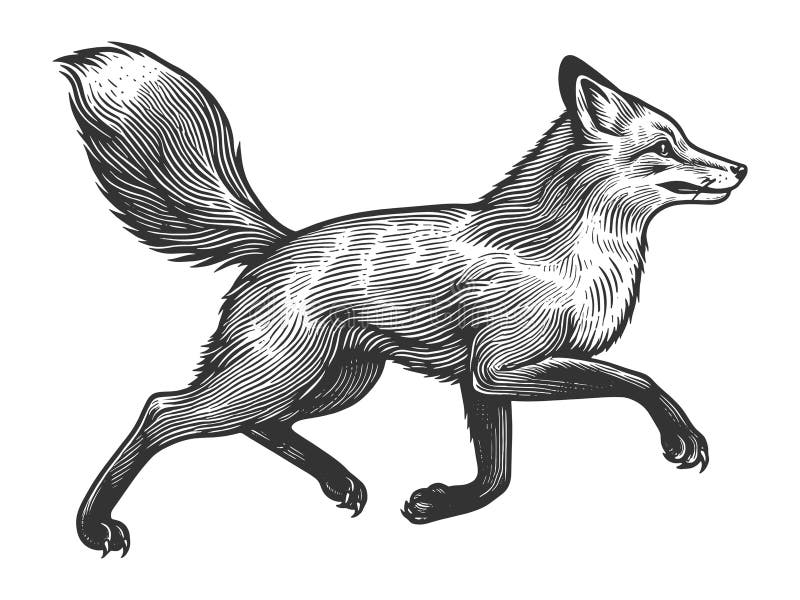 Running Fox Engraving Sketch Vector Illustration Stock Illustration ...