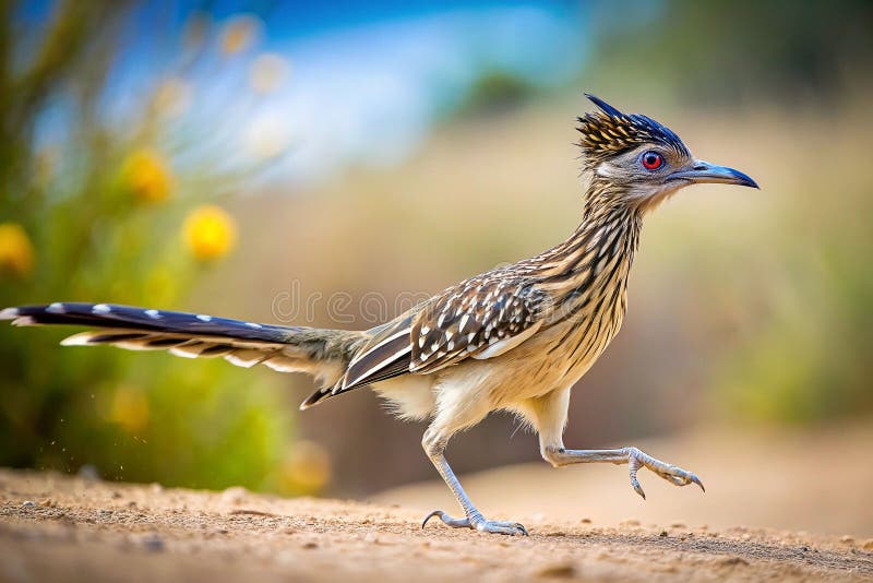 Running Greater Roadrunner in Desert Flowers Stock Illustration ...