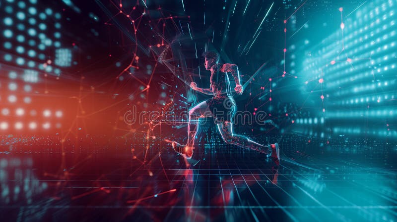 A Running Holographic Robot or Athlete on a Blue Backdrop. Stock ...