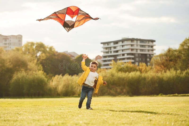 On Green Meadow. Little Boy is Playing with a Kite Stock Photo - Image ...