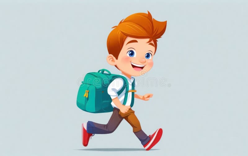 Running Boy with a Green Backpack on a Gray Background. Stock ...