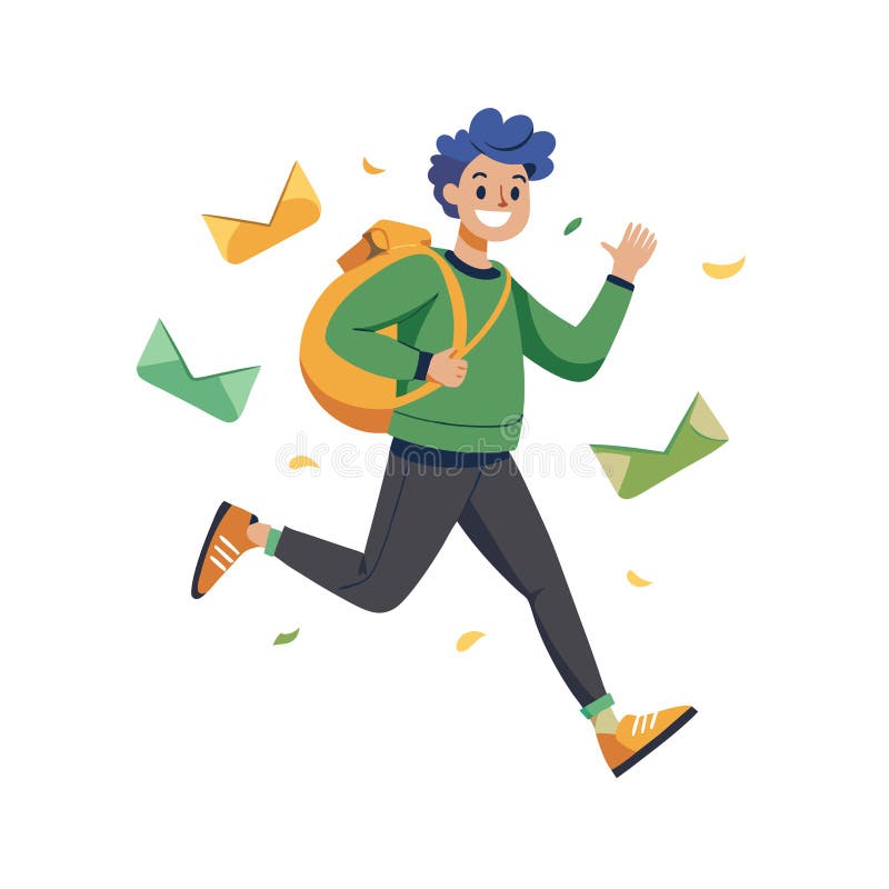 Running Man with Backpack Surrounded by Flying Envelopes, Isolated on ...