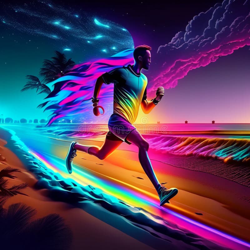 Running Man with Neon Light Effect on the Beach. Vector Illustration ...