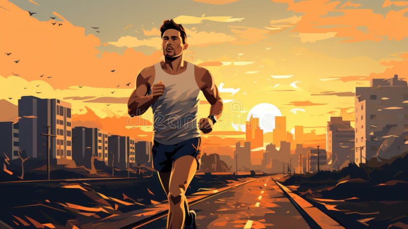 Running Man at Sunset with City Skyline Creates Vibrant Atmosphere ...