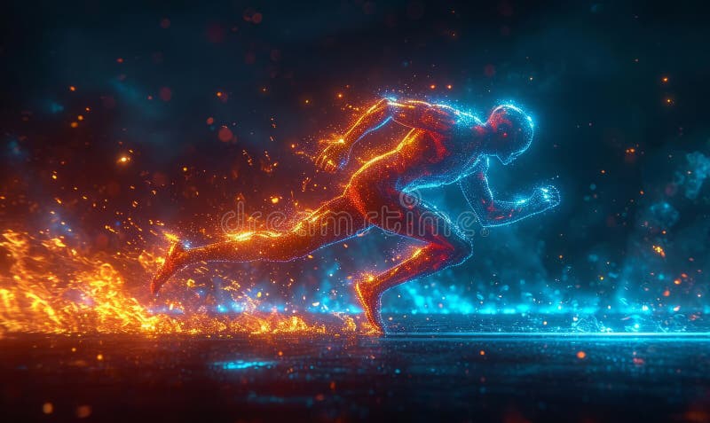 Running Man is Surrounded by Fire on Dark Background Stock Image ...