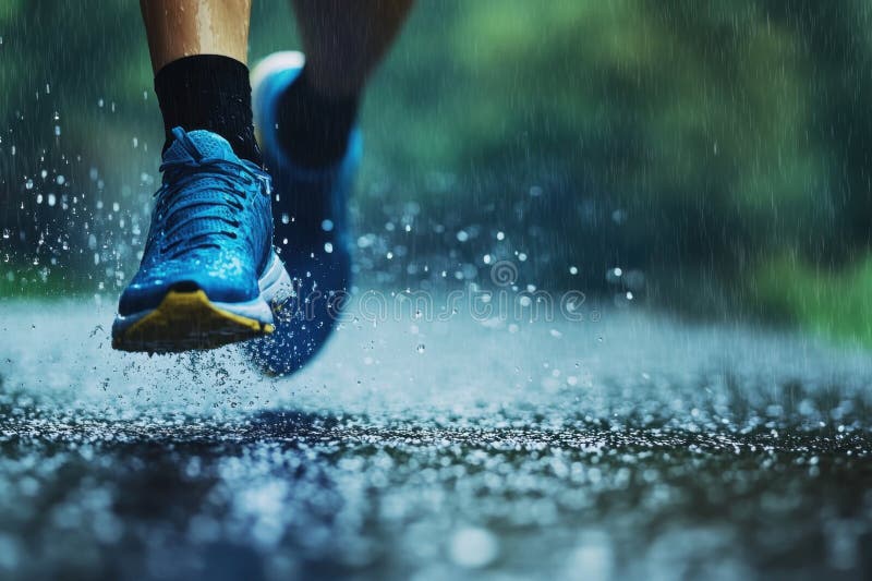 Running through Rain on a Wet Path with Splashes and Droplets Captured ...