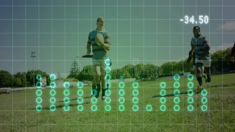 Running Rugby Player on Field with Data Analysis Animation Over Grid ...