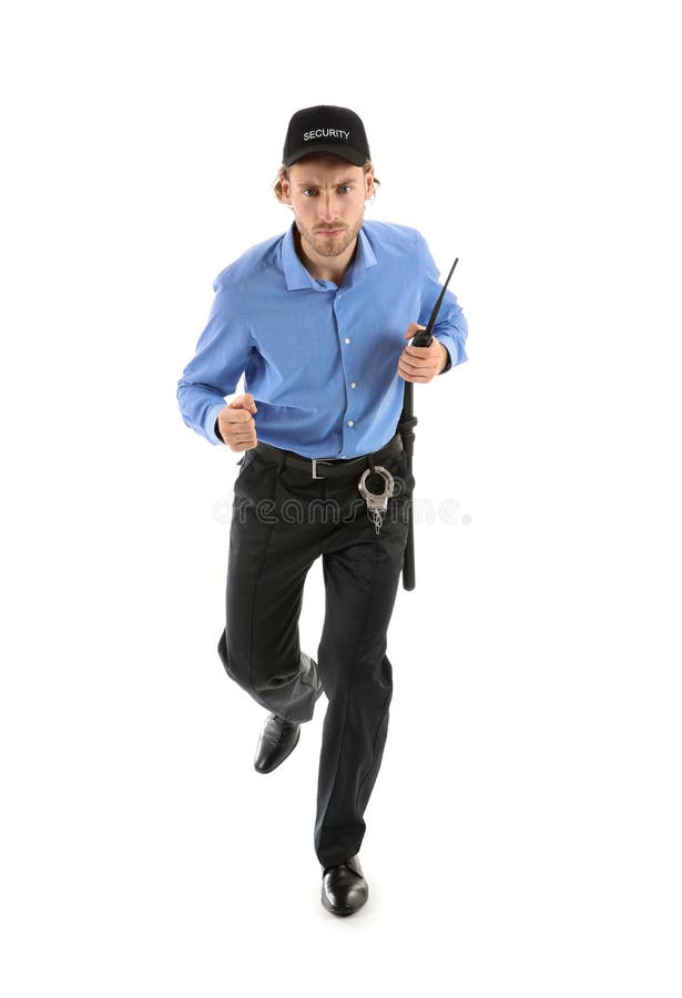 Running Security Guard on White Background, Back View Stock Image ...