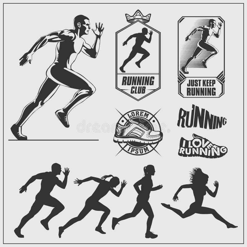 Running Set. Silhouettes of Running Women and Men, Running Logos and ...