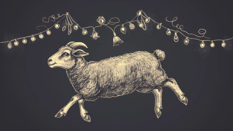 Running Sheep with Festive String Lights in Vintage Style Stock Image ...