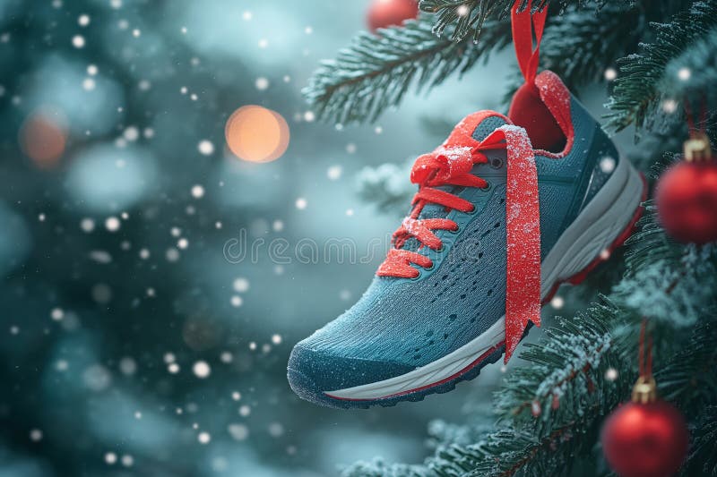 A Running Shoe Hanging on a Red Ribbon in Christmas Tree. Generative AI ...