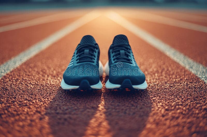 Running Shoes Sit on a Track at Sunset, Representing the Dedication and ...