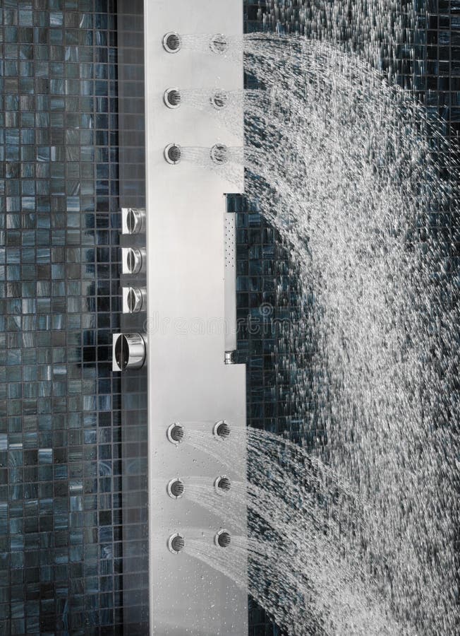 Empty Shower With Running Water Stock Image - Image of furniture, water ...