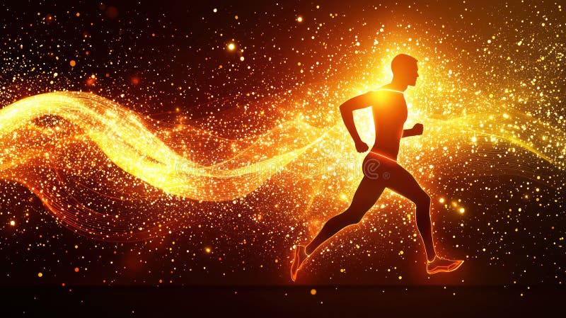 Running Silhouette with Abstract Waves and Energy Flow Background Stock ...