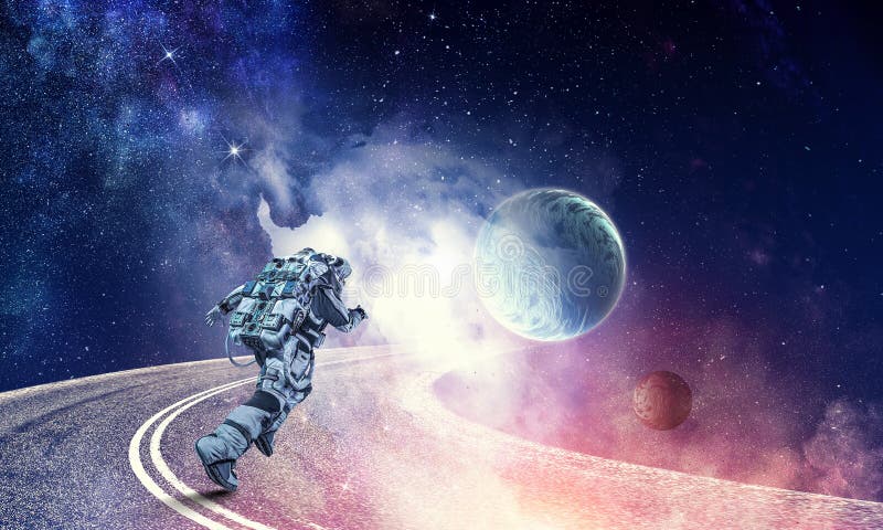 Running Spaceman and Galaxy. Mixed Media Stock Illustration ...