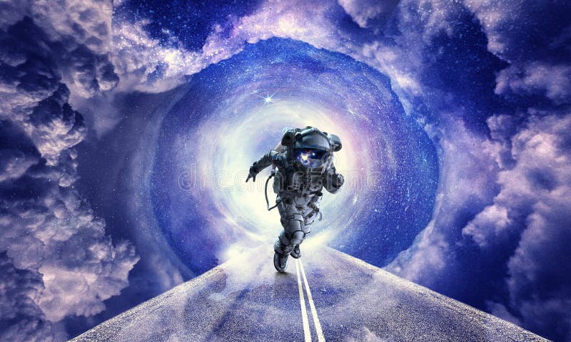 Running Spaceman and Galaxy. Mixed Media Stock Illustration ...