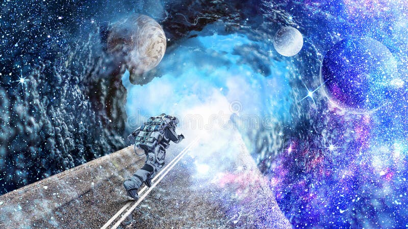 Running Spaceman and Galaxy. Mixed Media Stock Illustration ...