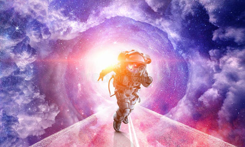 Running Spaceman and Galaxy. Mixed Media Stock Illustration ...