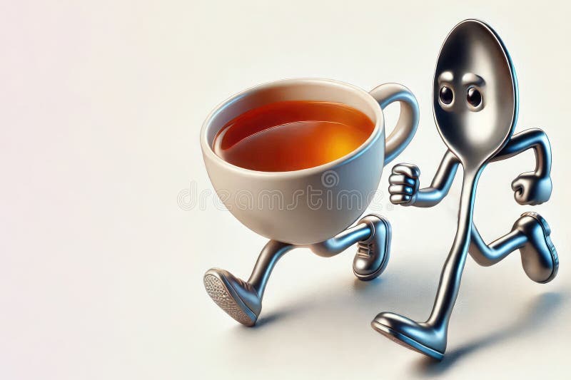 Running Tea Cup and Spoon with Legs and Eyes. Space for Text. Stock ...