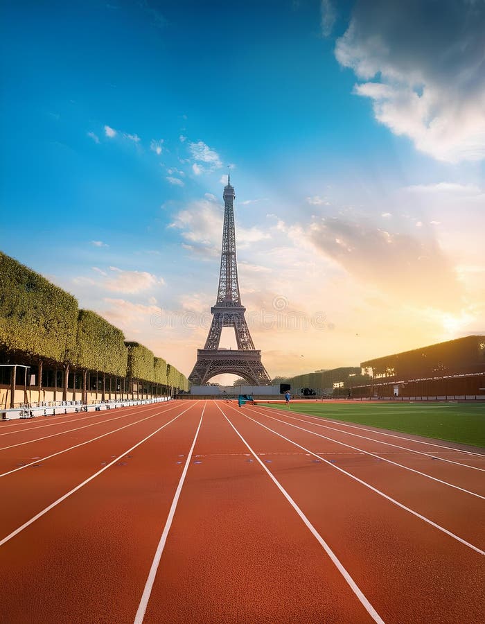 Running Track with Eiffel Tower at Sunset, Paris 2024 Olympics Stock ...