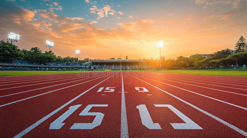 Running Track in Empty Stadium at Sunset with Dramatic Sky Stock Image ...