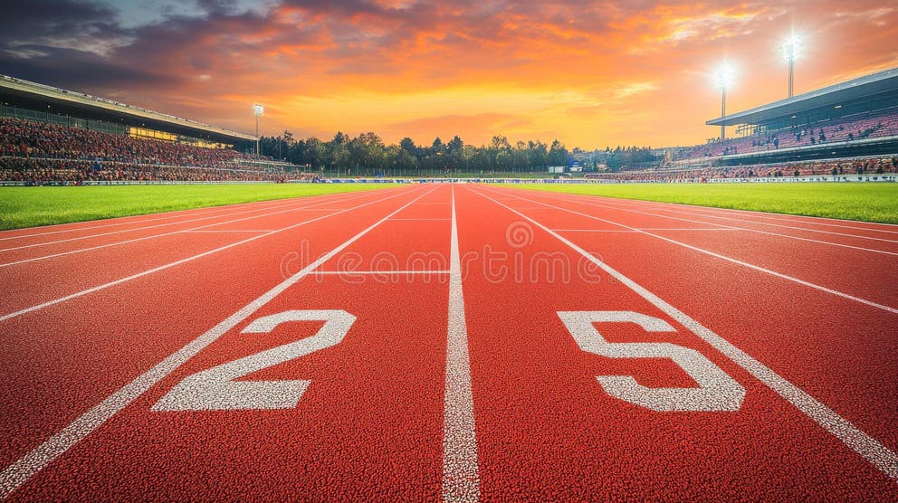 Running Track in Empty Stadium at Sunset with Dramatic Sky Stock Image ...