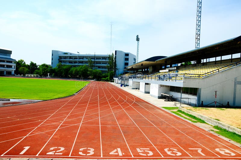 Aerial Top View on a Soccer Field, Grandstand, Football Field with Red ...