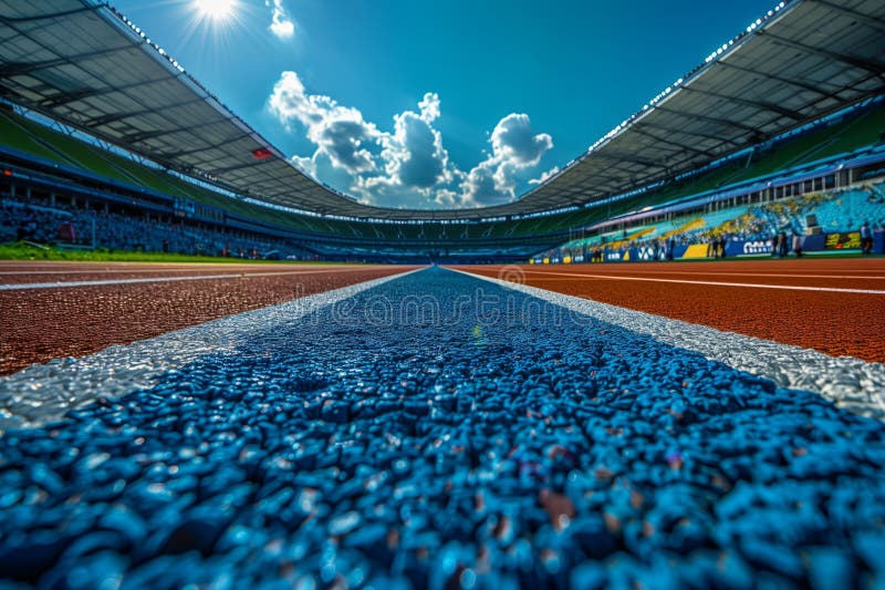 Running Track in a Stadium with Blue Sky and Clouds Stock Photo - Image ...