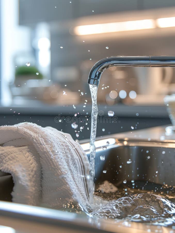 Running Water from Faucet with Towel in Modern Kitchen Sink. Stock ...