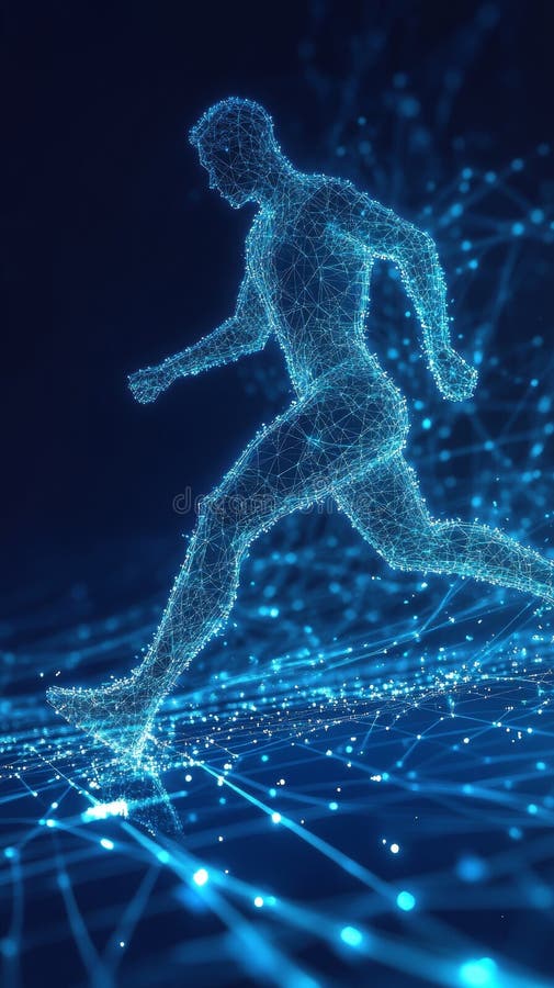 Running Wireframe Figure on Digital Grid Background Stock Image - Image ...