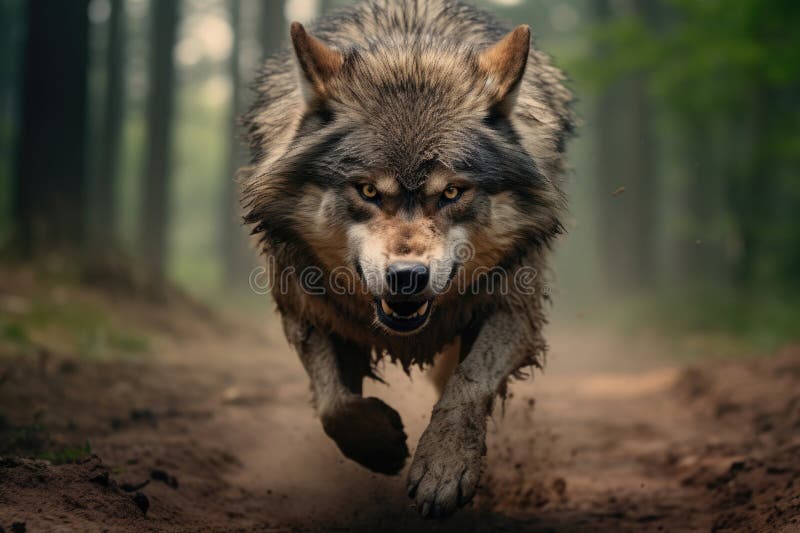 Running Wolf with Open Mouth, Predator in the Forest Stock Photo ...