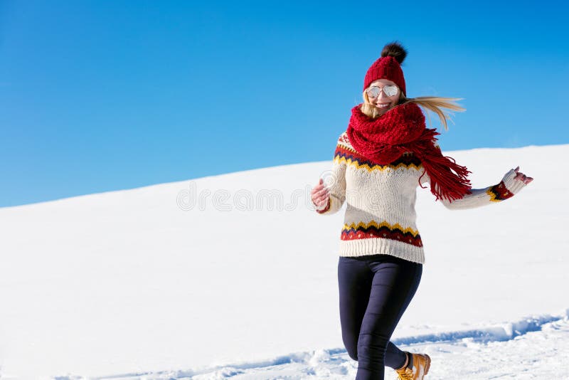 Running Woman Runner in Winter Mountains on Snow. Stock Photo - Image ...