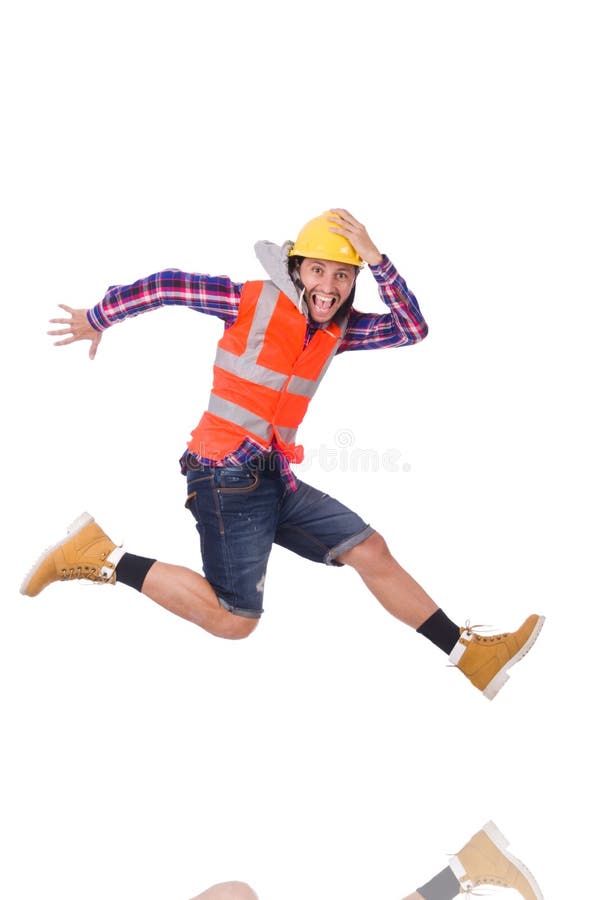 Running Young Builder in Hurry Isolated on White Stock Photo - Image of ...