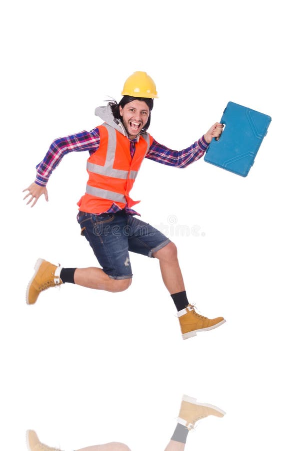 Running Young Builder with Toolbox Isolated on Stock Image - Image of ...