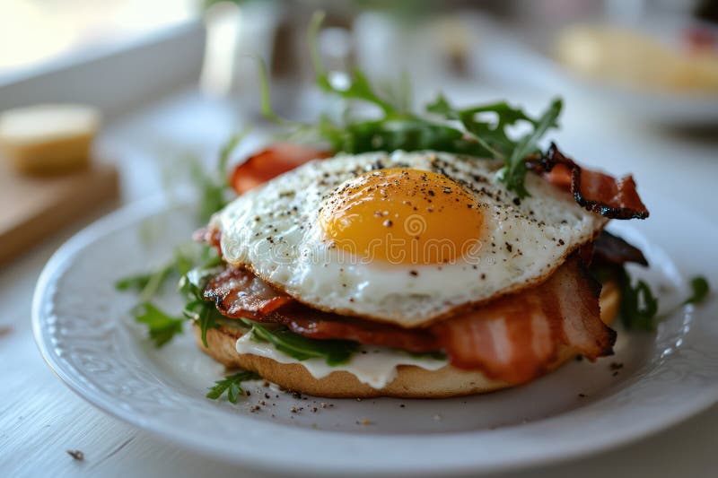 Runny Yolk Bacon and Egg Breakfast Sandwich on Kitchen Table Stock ...