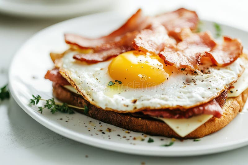 Runny Yolk Bacon and Egg Breakfast Sandwich on Kitchen Table Stock ...