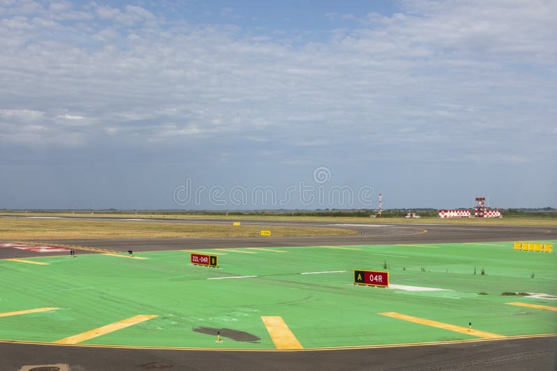 Runway of Airport with Cloudy Sky Stock Image - Image of clouds, touch ...