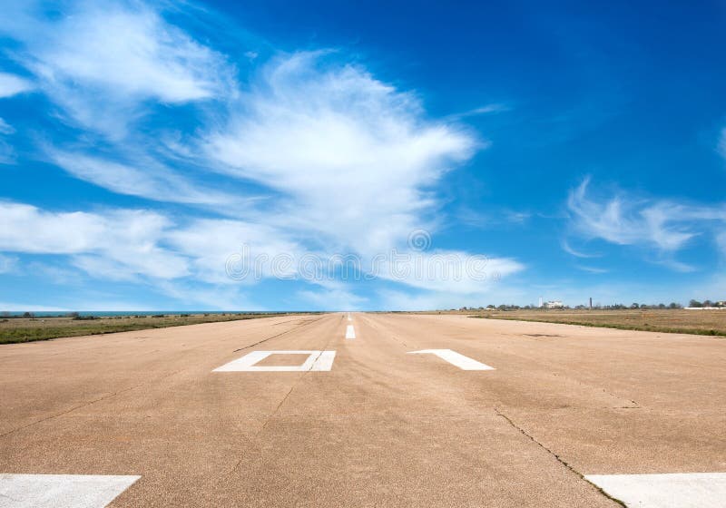 Runway, Airstrip In The Airport Terminal With Marking On Blue Sky With ...
