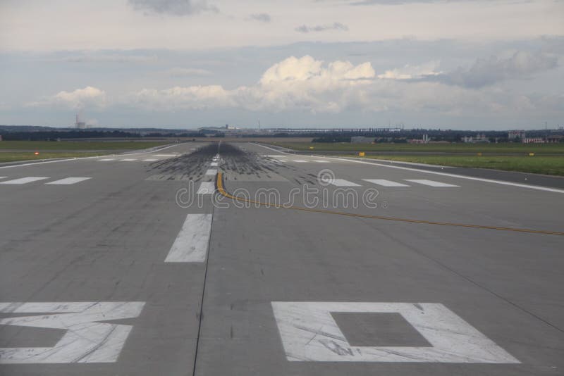 Runway, Airstrip In The Airport Terminal With Marking On Blue Sky With ...