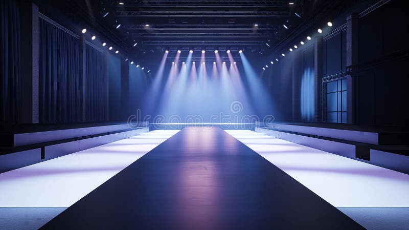 A Runway with a Blue Backdrop and Lights Shining on it. Stage ...