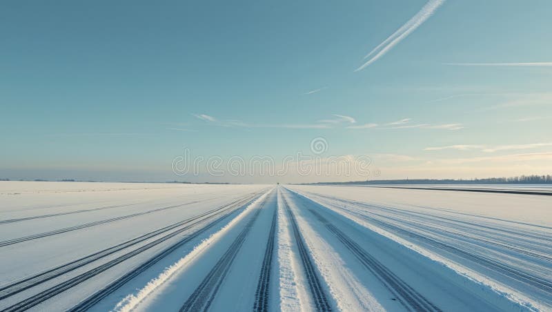 Runway Covered in Fresh Snow with Visible Tire Tracks Under a Clear ...