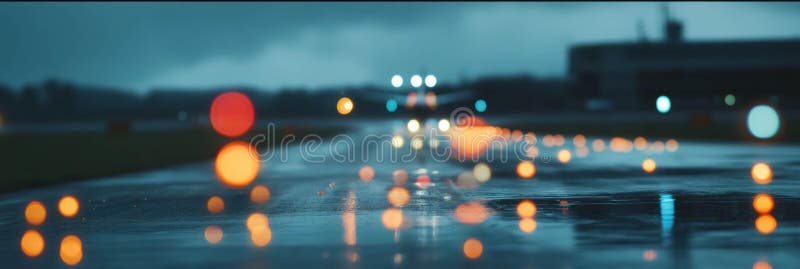 Runway Illuminated by Blurred Lights during Heavy Rain at Dusk Stock ...