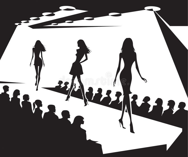 Runway Models on Fashion Show in Black and White Stock Vector ...