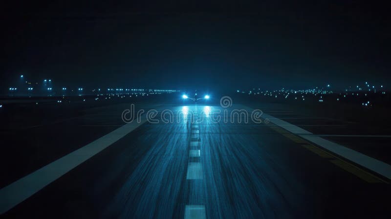 Runway at Night Approaching Airplane with Bright Lights Illuminates the ...