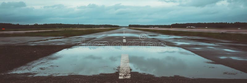 Runway Reflection Showcases a Serene Puddle Beneath an Overcast Sky ...