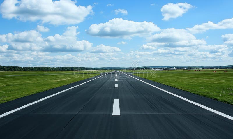 Runway Stretching into Distance Under Blue Sky with Fluffy Clouds ...