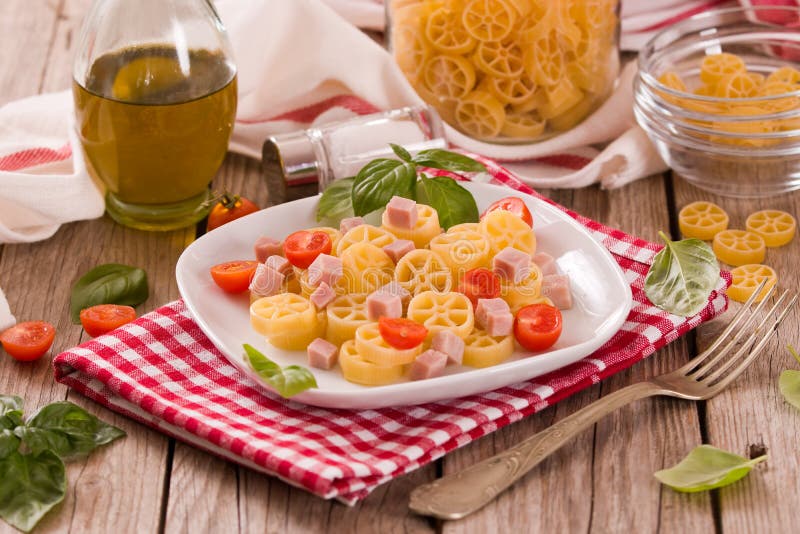 Ruote Pasta with Tomato and Ham. Stock Image - Image of health, cooking ...