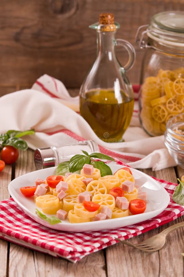 Ruote Pasta with Tomato and Ham. Stock Image - Image of healthy, dinner ...