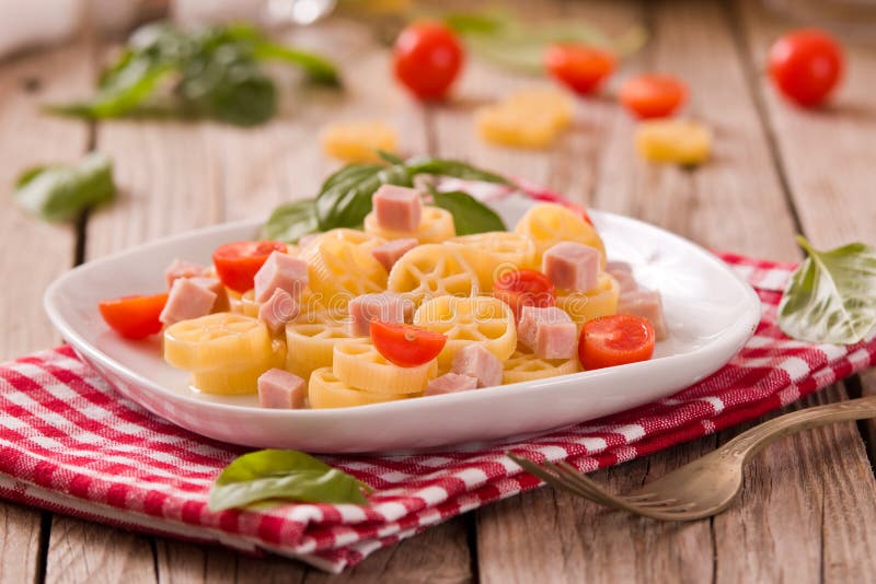 Ruote Pasta with Tomato and Ham. Stock Image - Image of eating, diet ...