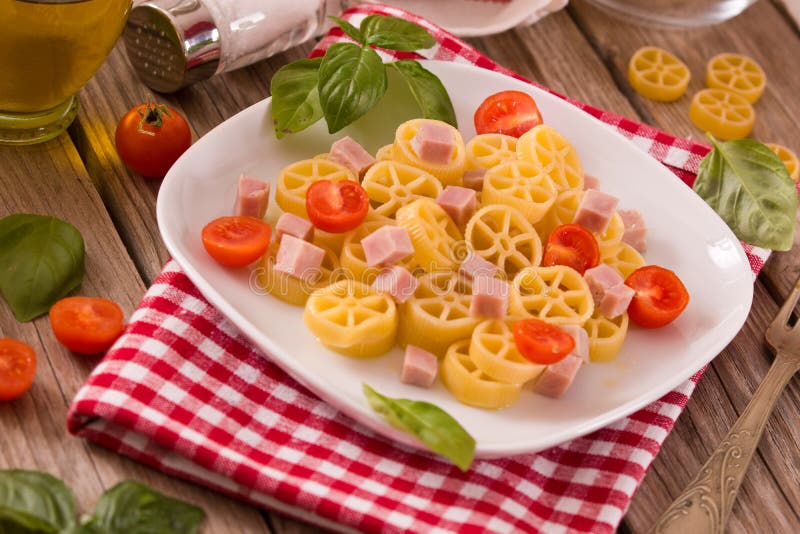 Ruote Pasta with Tomato and Ham. Stock Image - Image of food, freshness ...